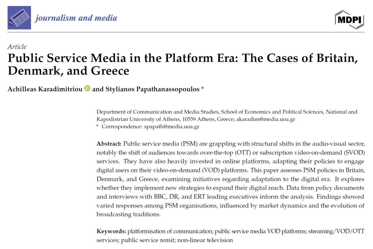 JOURNAL ARTICLE / Public Service Media in the Platform Era: The Cases ...